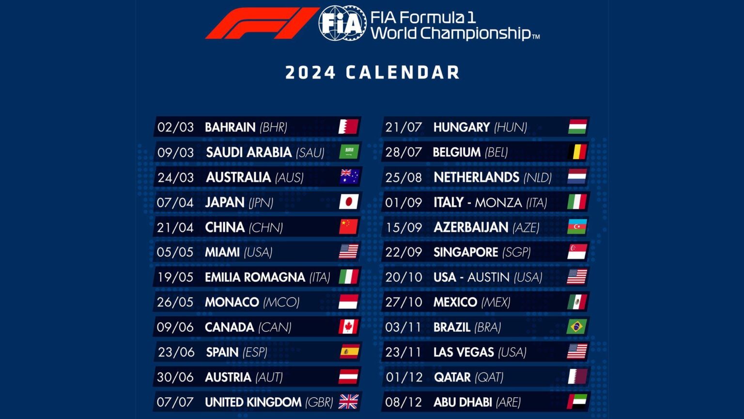 Calendario Formula 1 2024: Date e orari Diretta TV dei Gran Premi di F1 ... Calendario Formula 1 2024: Date e orari Diretta TV dei Gran Premi di F1 ...